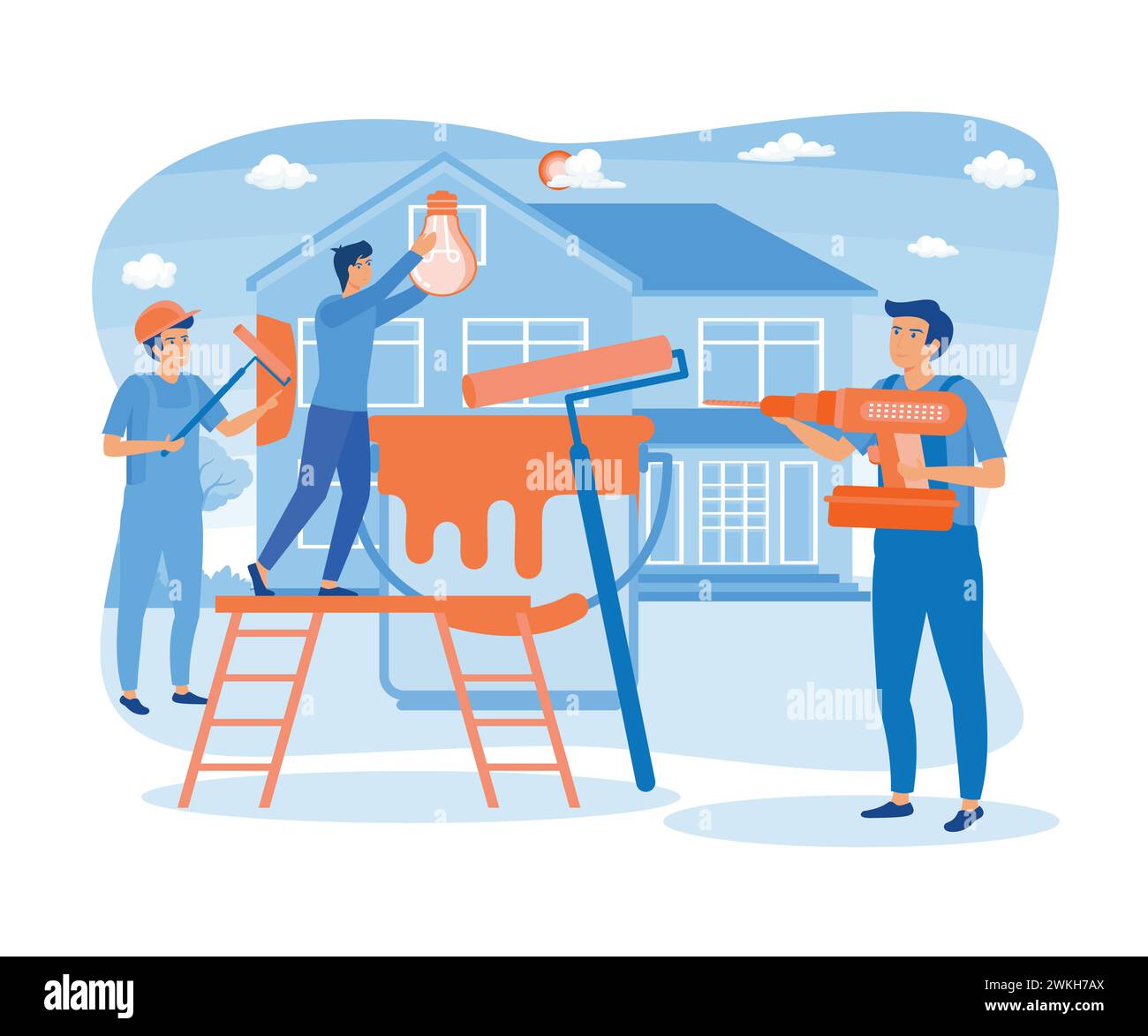 Home renovation workers. Repairman team building house. Painting ...