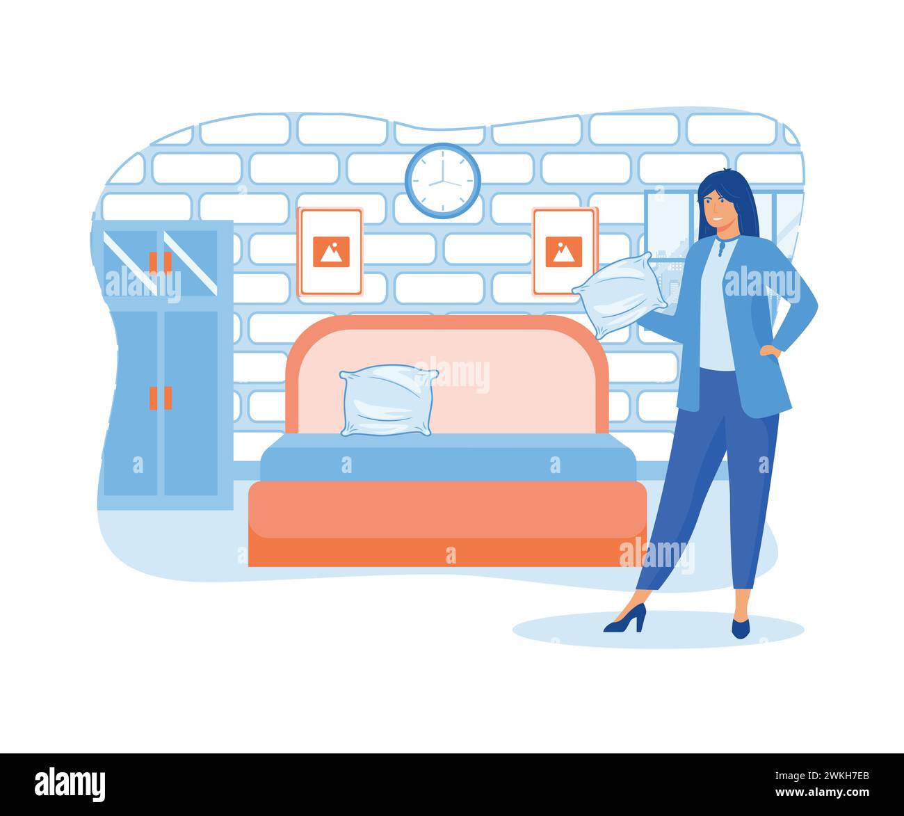 Hotel jobs. Housekeeper in uniform making bed in room. flat vector ...