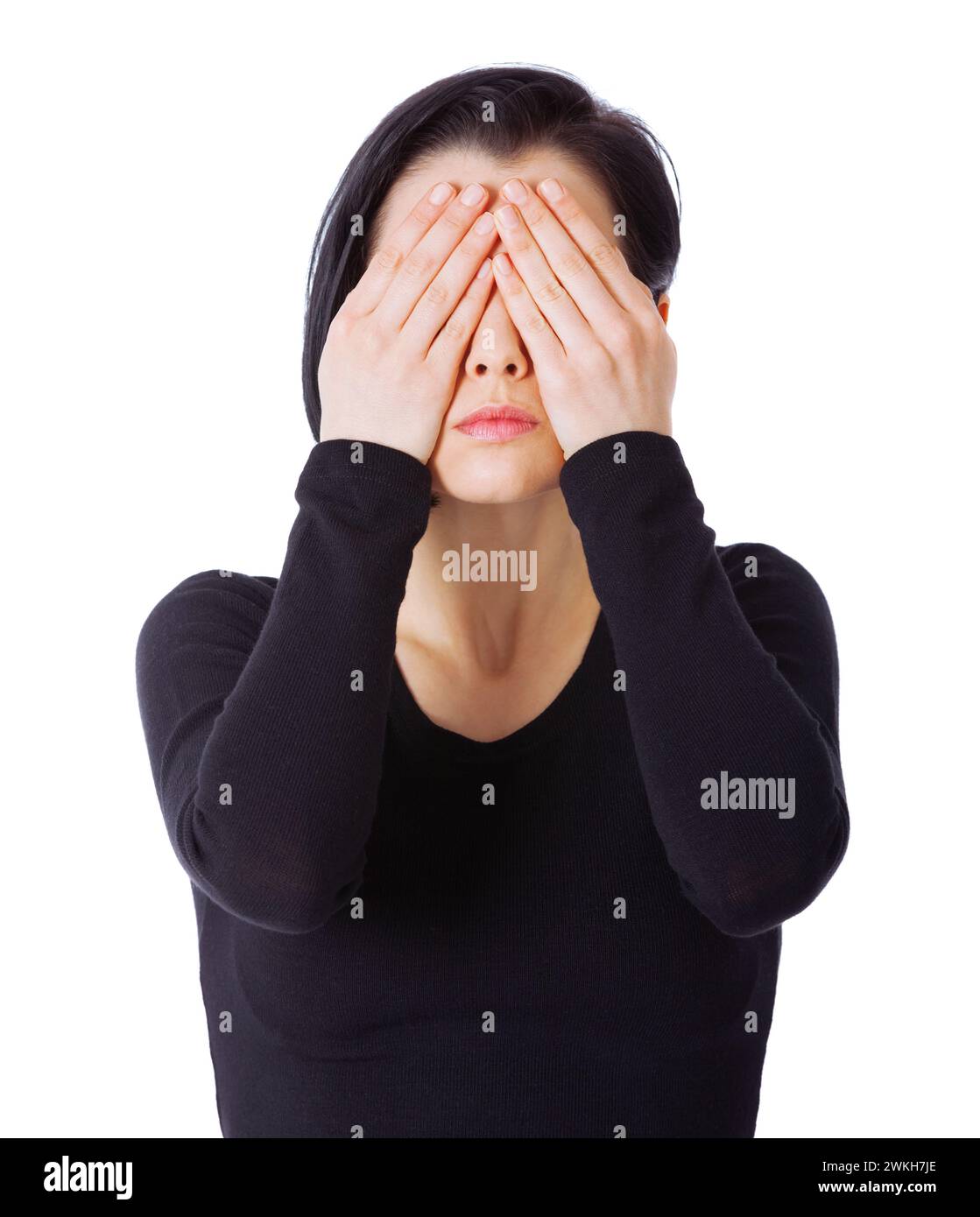 Woman, covering eyes and secret with fear, anxiety and person isolated ...
