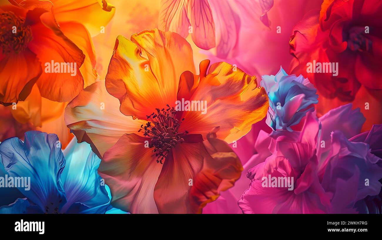 A colorful and layered composition of various flowers in 8K resolution ...