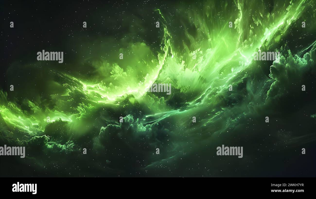 An abstract digital art of a green sky in space with an aurora and ...