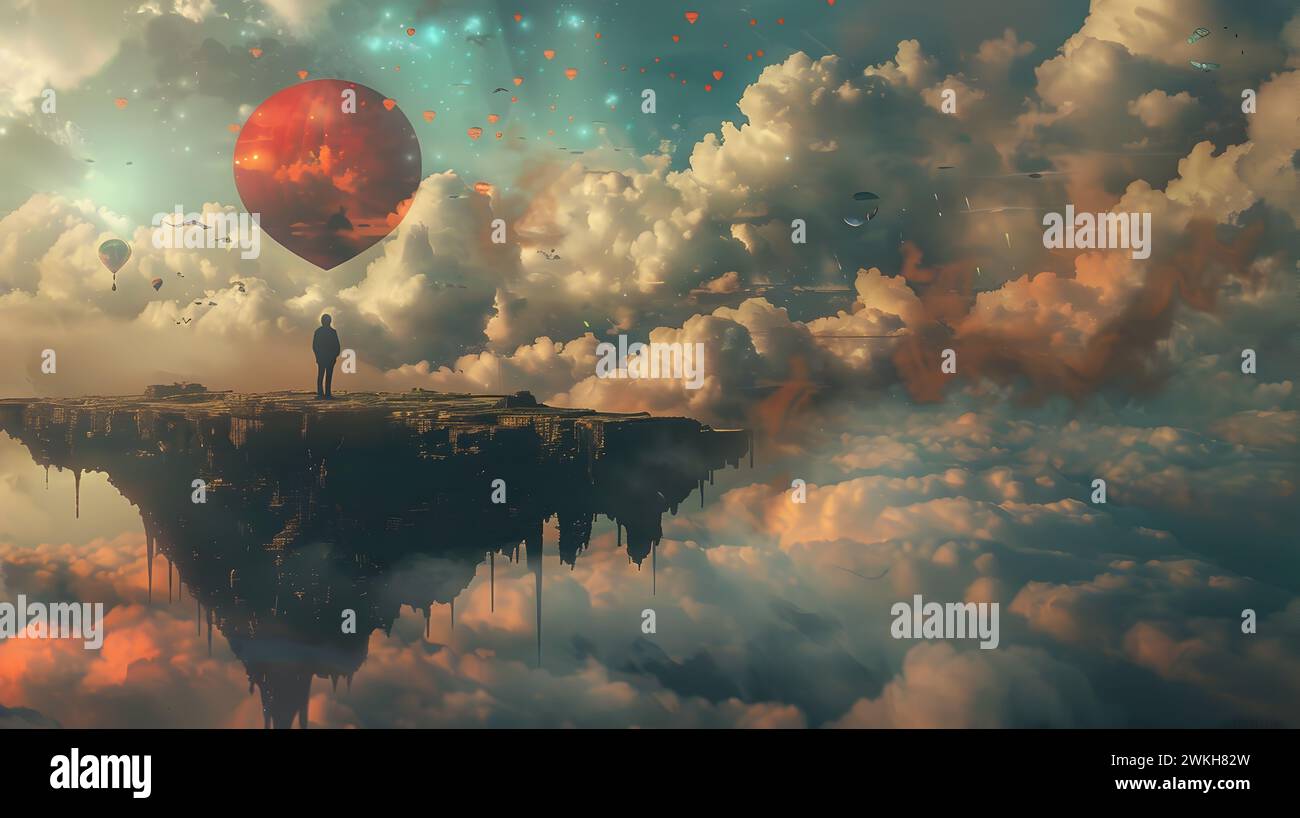 A digital art illustration of a man standing on a cliff beside a red ...