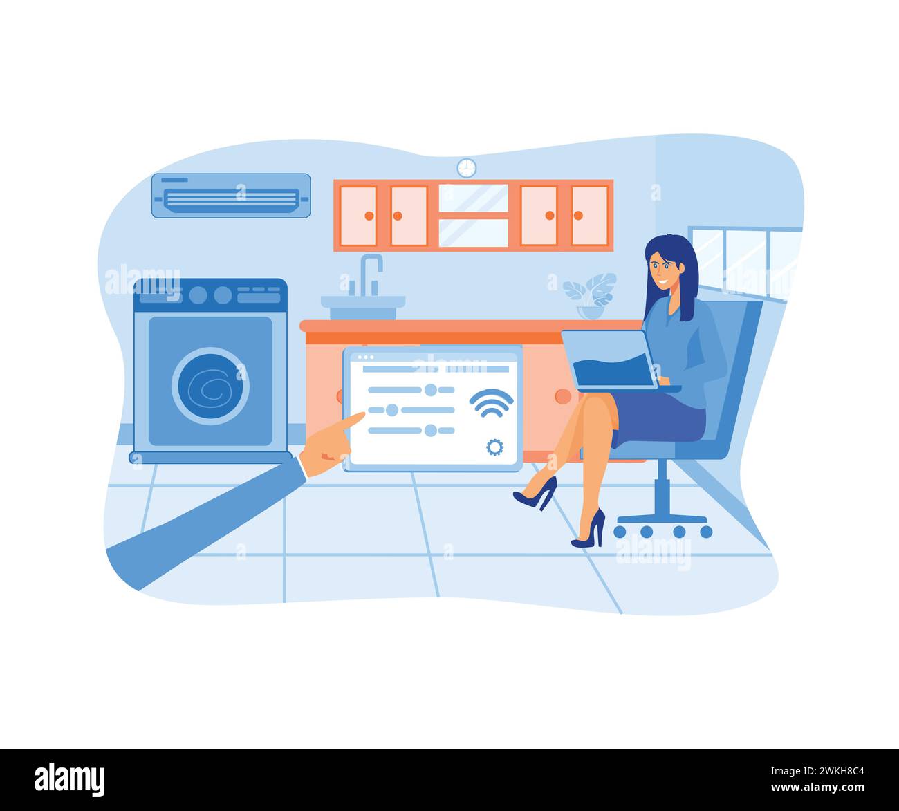 Smart home concept. Woman sitting in modern kitchen, controlling house ...