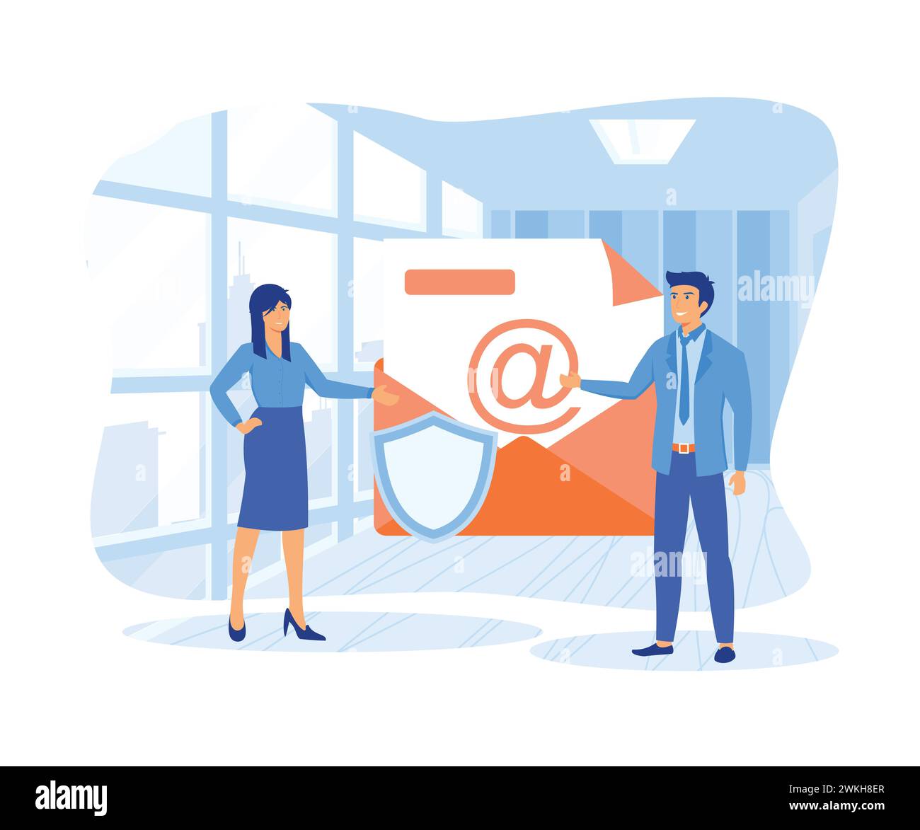 Two people stand near big envelope, letter with shield. Secure, encrypted messages, emails. flat ...