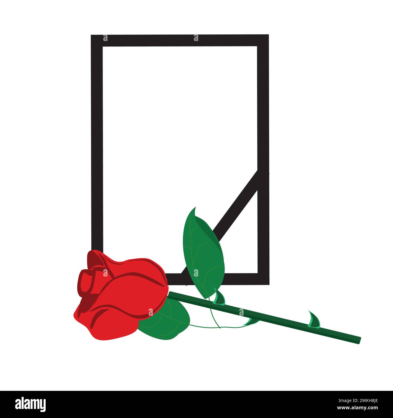 Funeral frame with a black ribbon and a rose in front of it. Concept ...