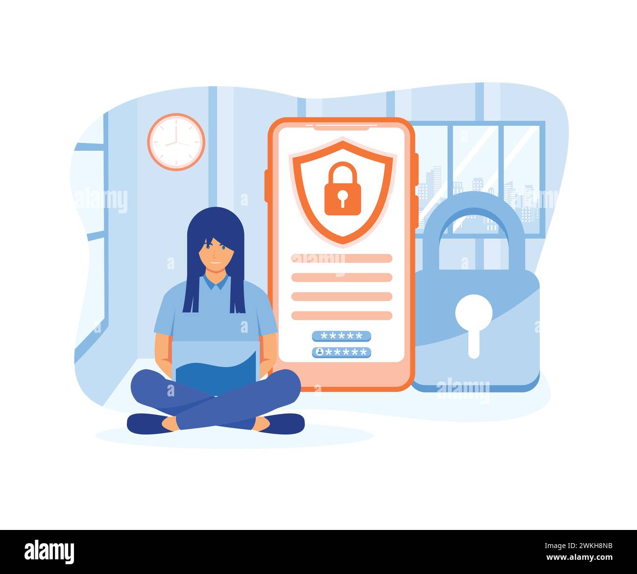 Data protection concept. Woman sitting near big padlock is providing ...