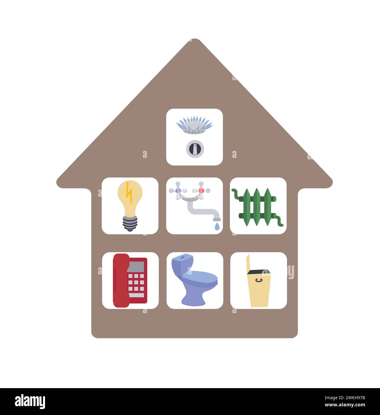 Gas, electricity, water, heating, sewerage, telephone, garbage collection icons set. The concept ...