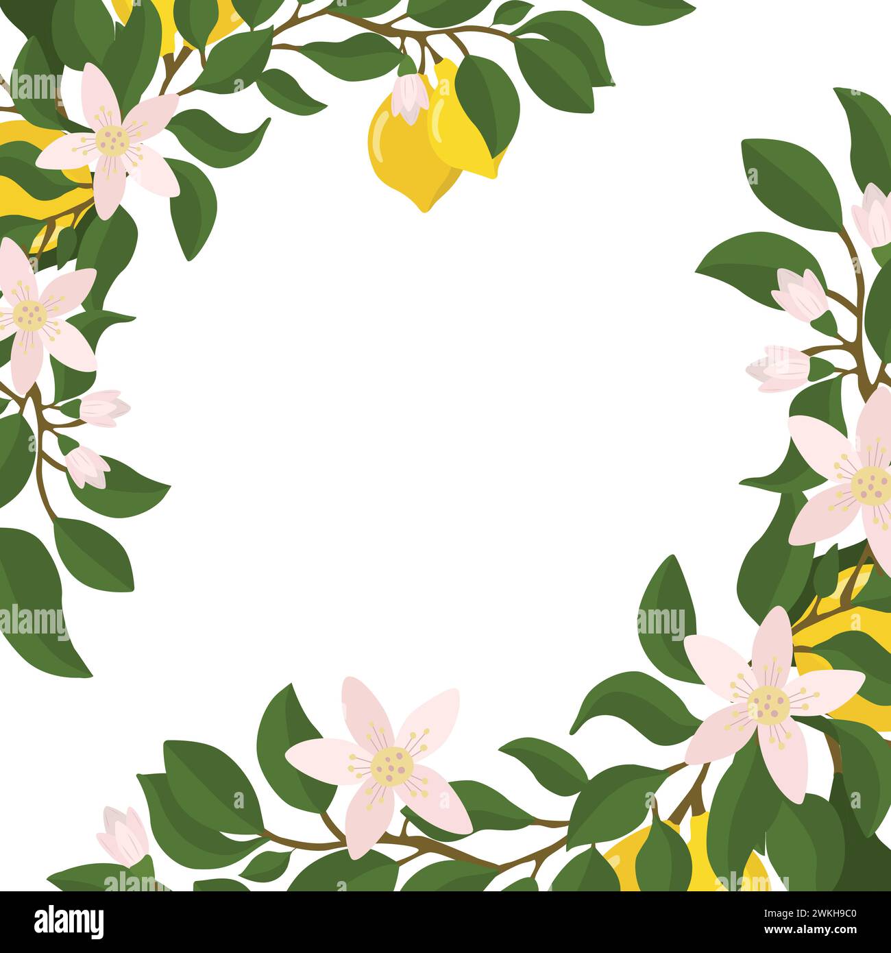Square border of lemon twigs and lemons, angular composition. Vector ...