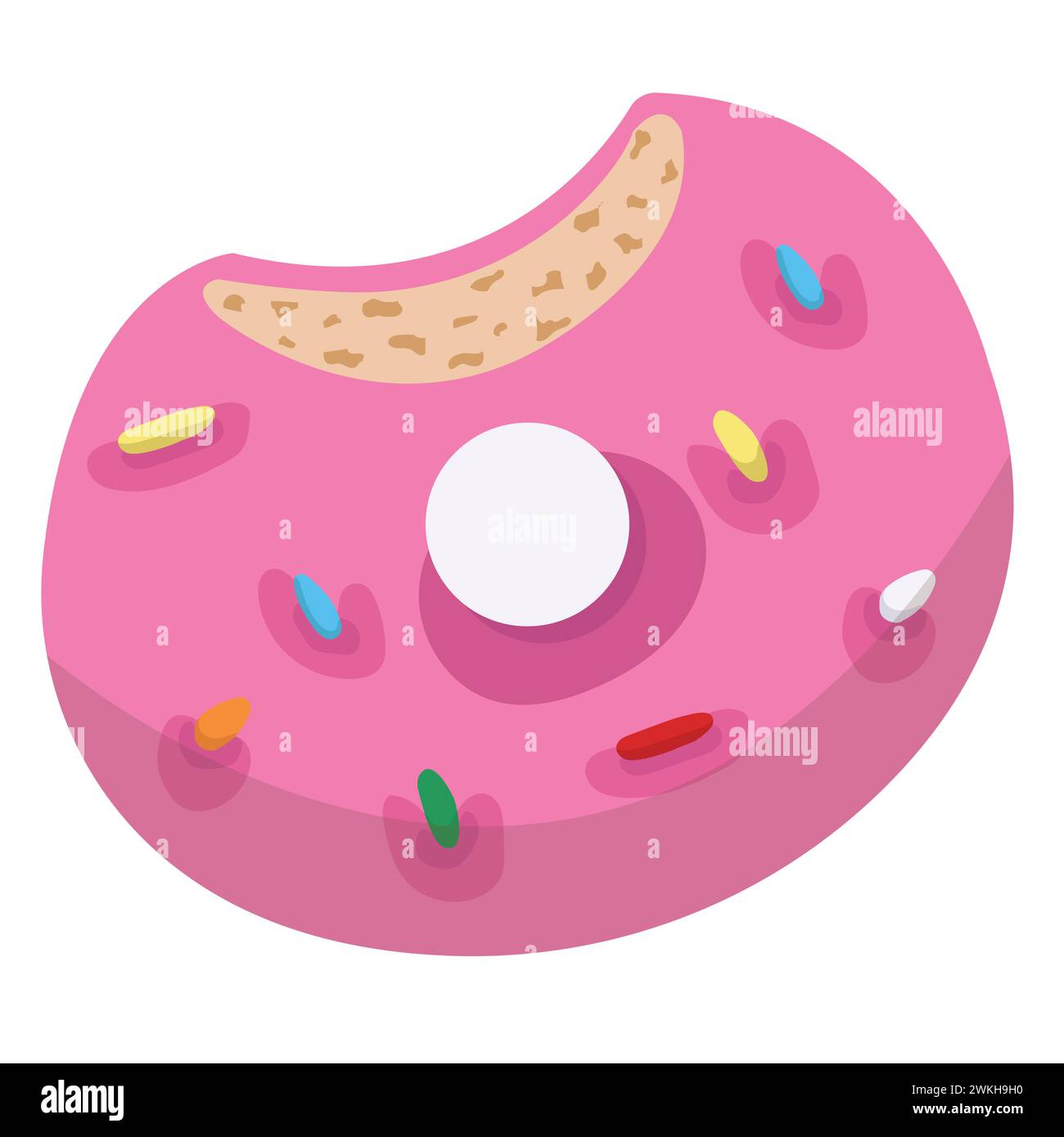 A bitten donut in pink icing with multi-colored toppings. Vector illustration isolated on white ...