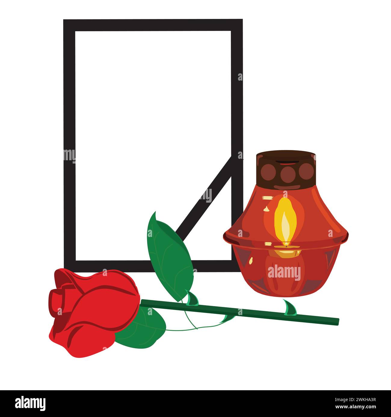 Funeral frame with a black ribbon, a rose in front of it and a burning ...