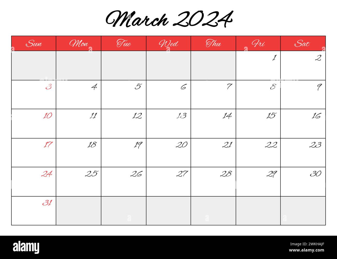 March 2024 ENGLISH month calendar. Vector printable illustration ...