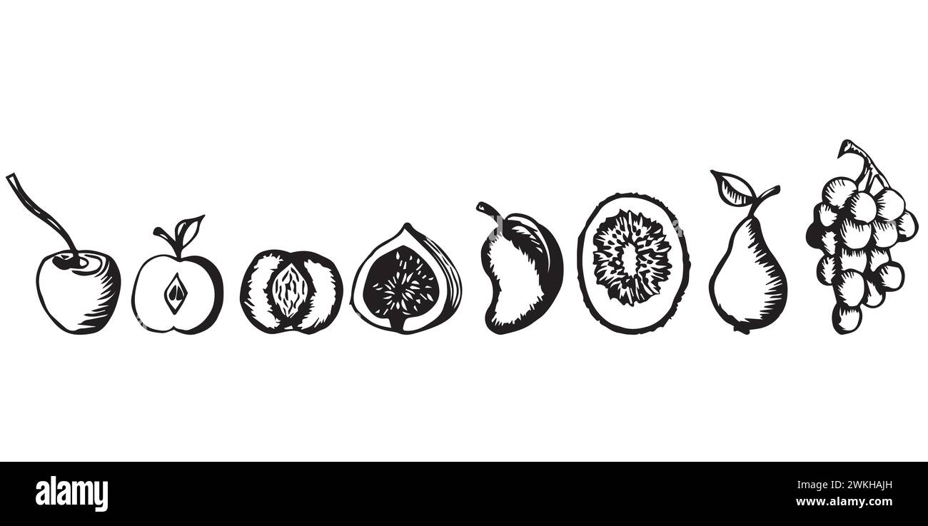 Fruit set, kiwi, cherry, pear, grape, fig, apple, peach, mango ...