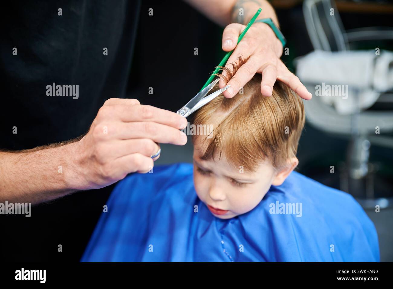 Cute boy worried about new haircut. Adorable client changing style ...