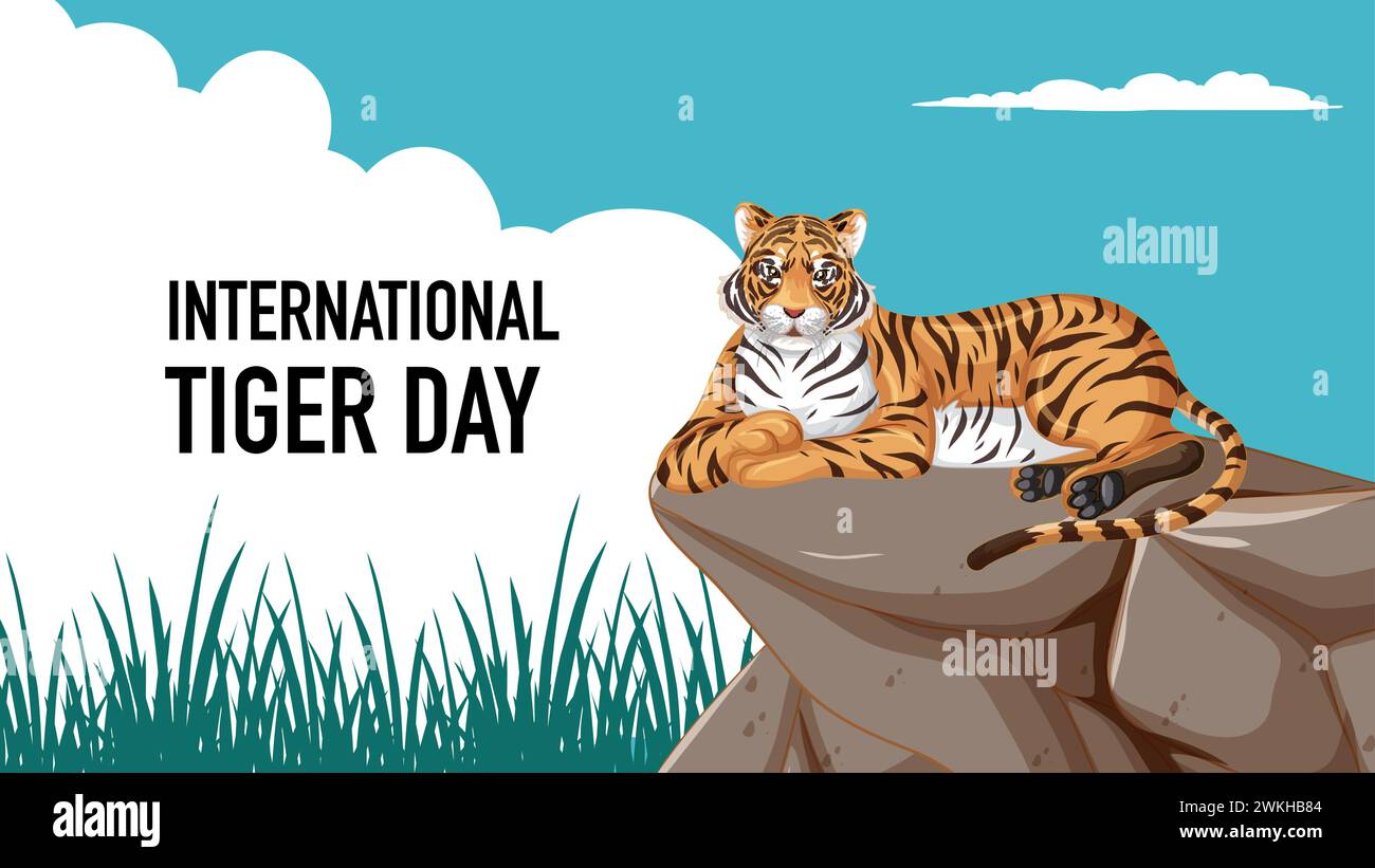 Tiger resting on rock, grass and sky backdrop Stock Vector Image & Art ...