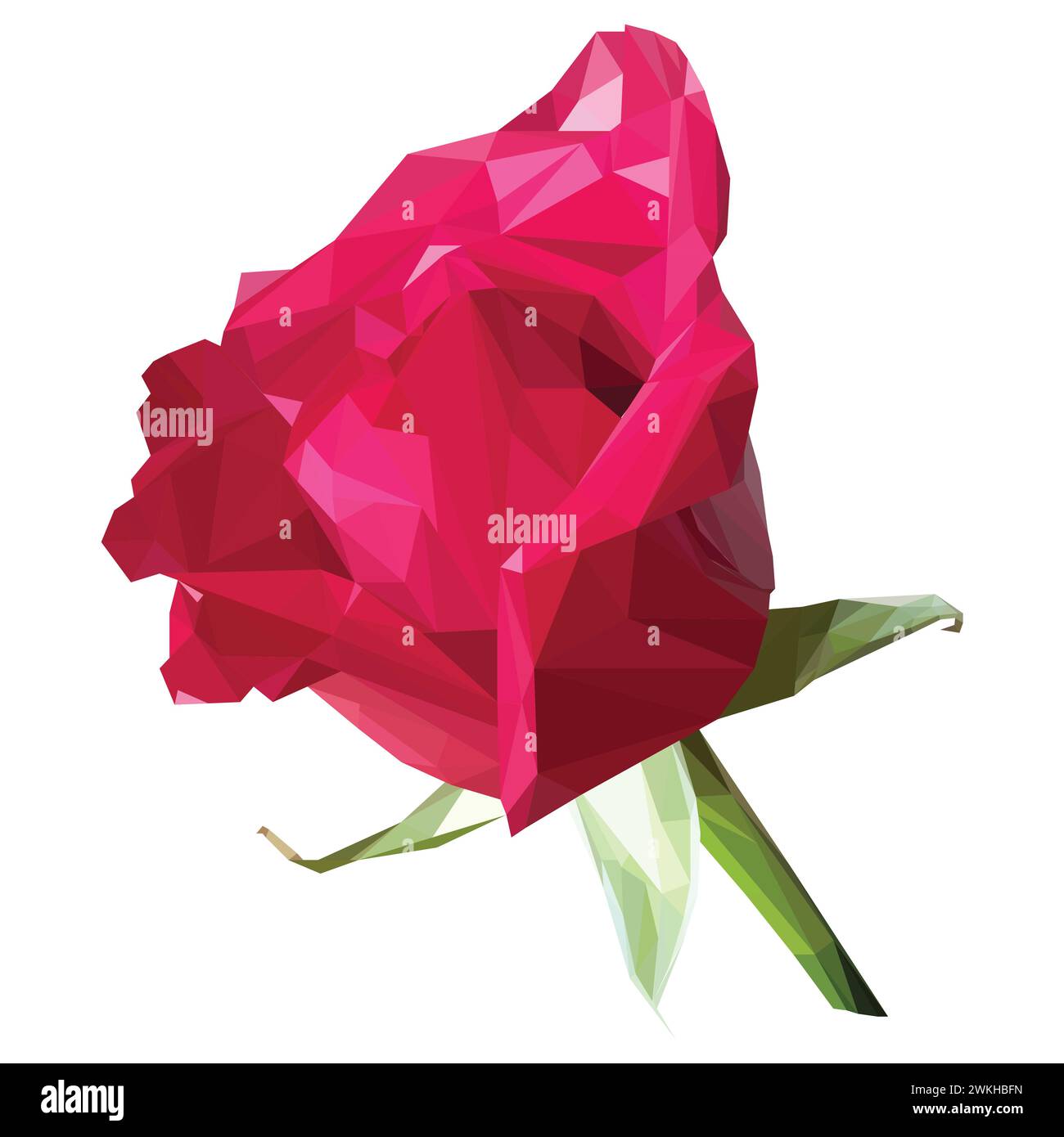 low poly polygon rose pink flower isolated on green stem romance ...