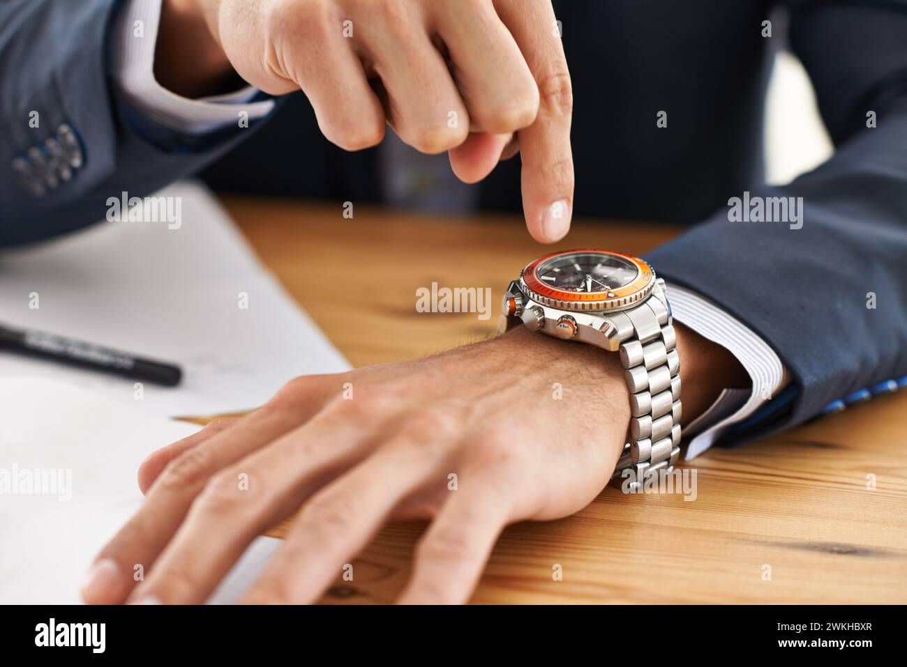 Hands, desk and wristwatch to check time for deadline at office ...