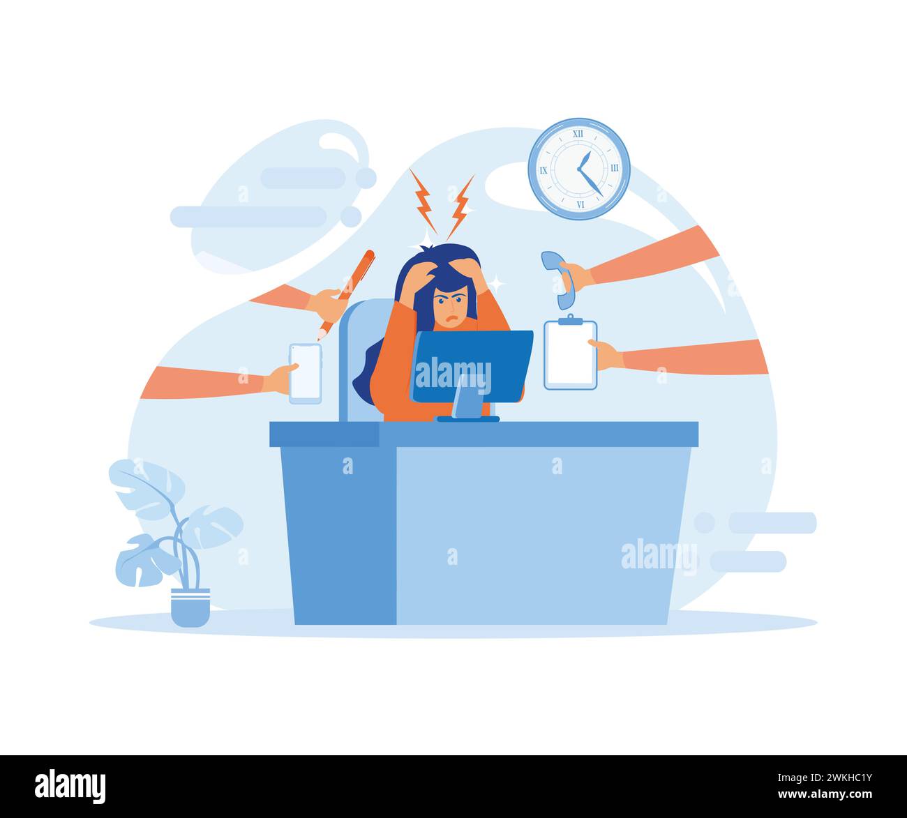 Business Woman Surrounded by Hands with Office Things. Multitasking and ...