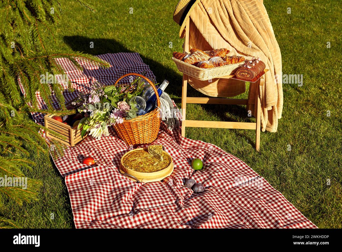 Cozy summer picnic scene on green grass with homemade quiche, bottle of ...