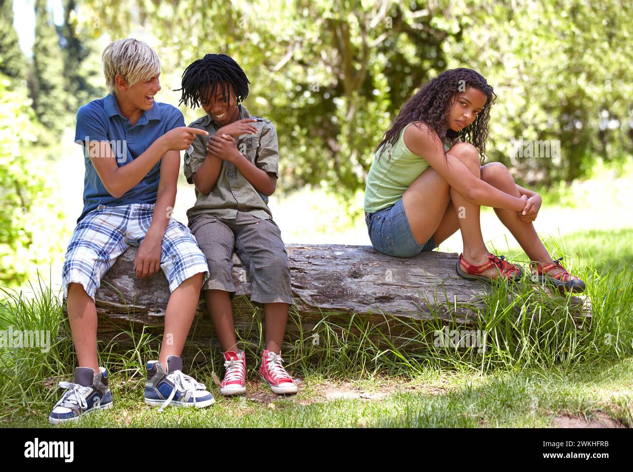 Nature, bullying and boys with girl in outdoor field, woods or forest ...