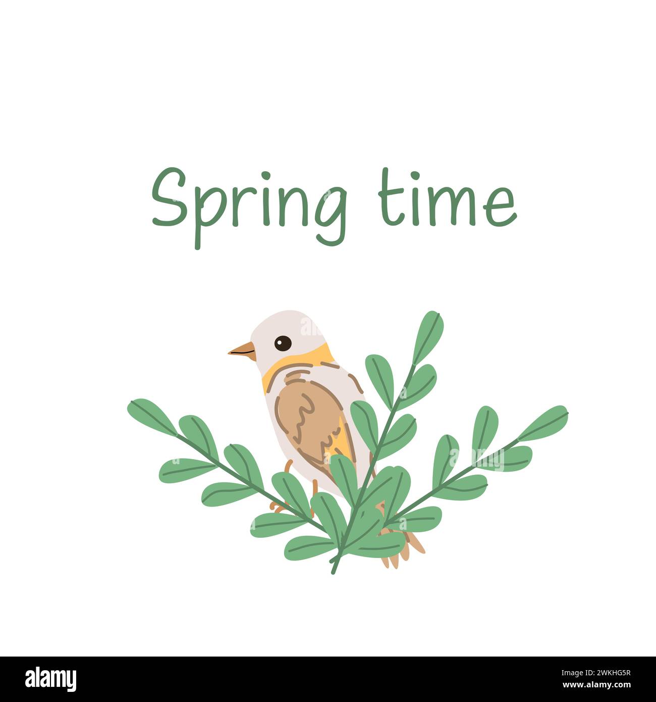 spring time lettering and cute bird and branch with leaves. Vector ...