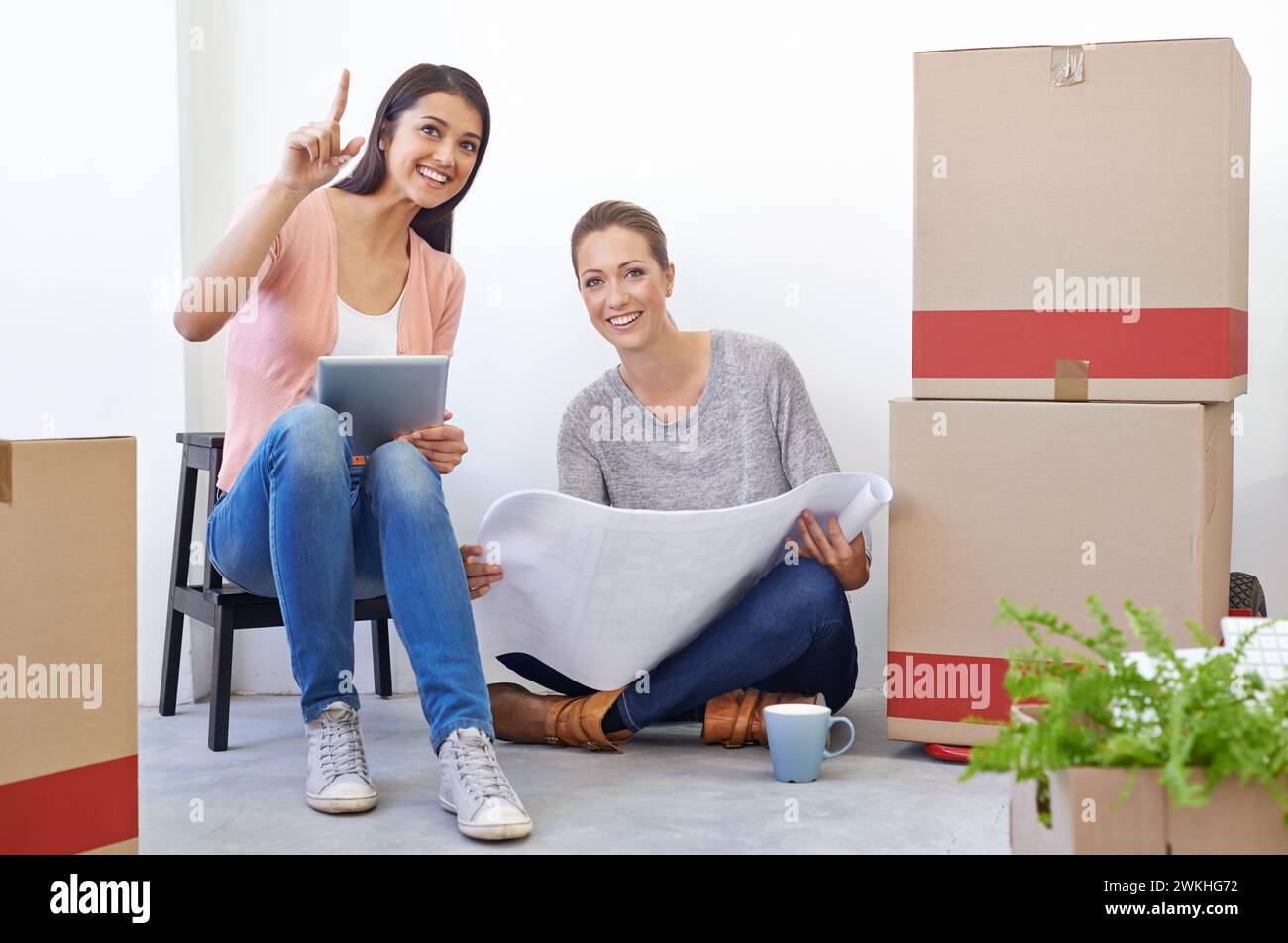 Women, blueprint and tablet on floor for planning at startup with idea ...
