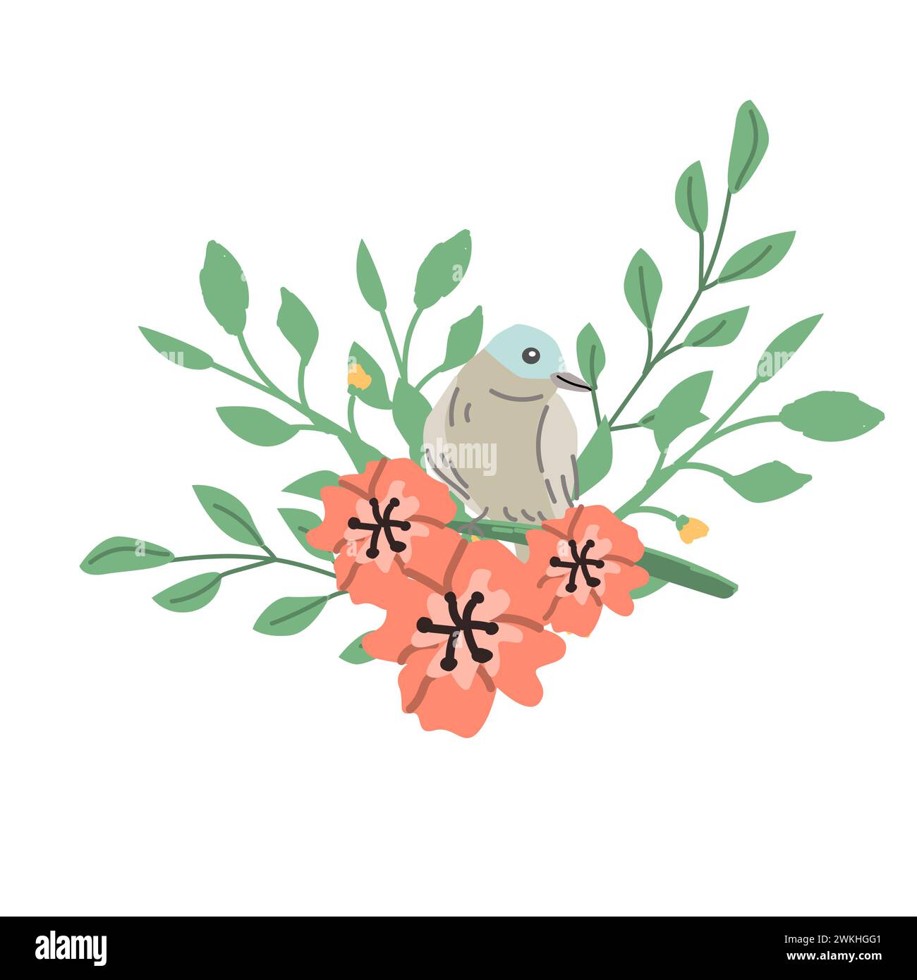 cute bird with blue head in flowers and branches. Vector illustration ...