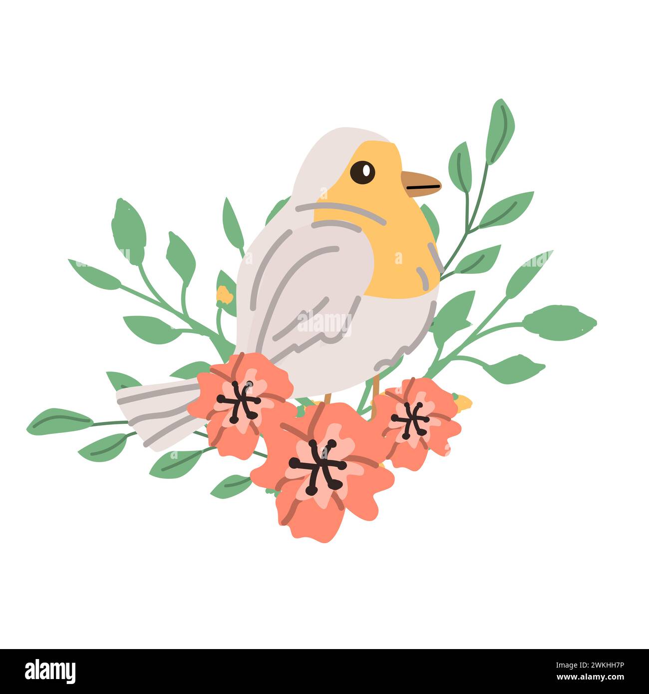 spring bird robin sitting in flowers and branch with leaves. Vector ...