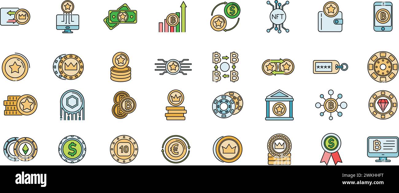 Tokens coins icons set. Outline set of tokens coins vector icons thin line color flat on white ...