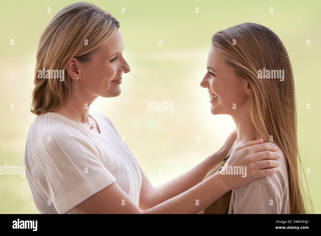 Women, mother and daughter with embrace, smile and mature person with connection, care and love ...