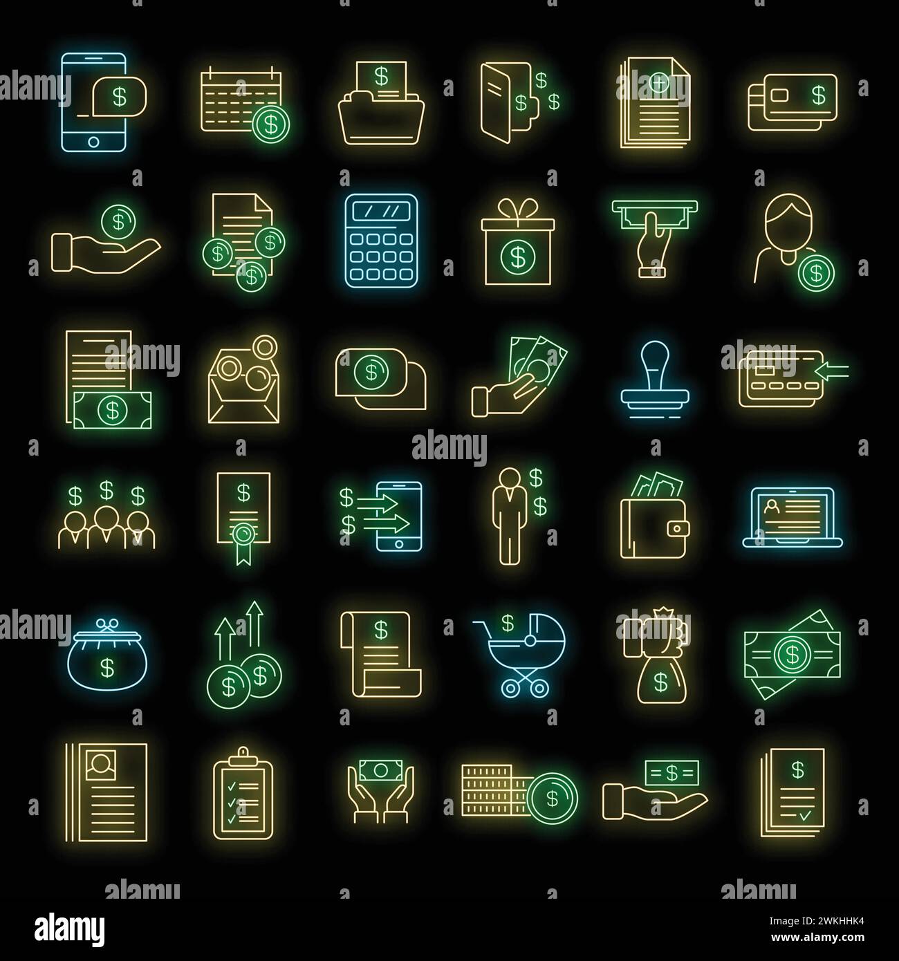 Allowance icons set. Outline set of allowance vector icons neon color ...