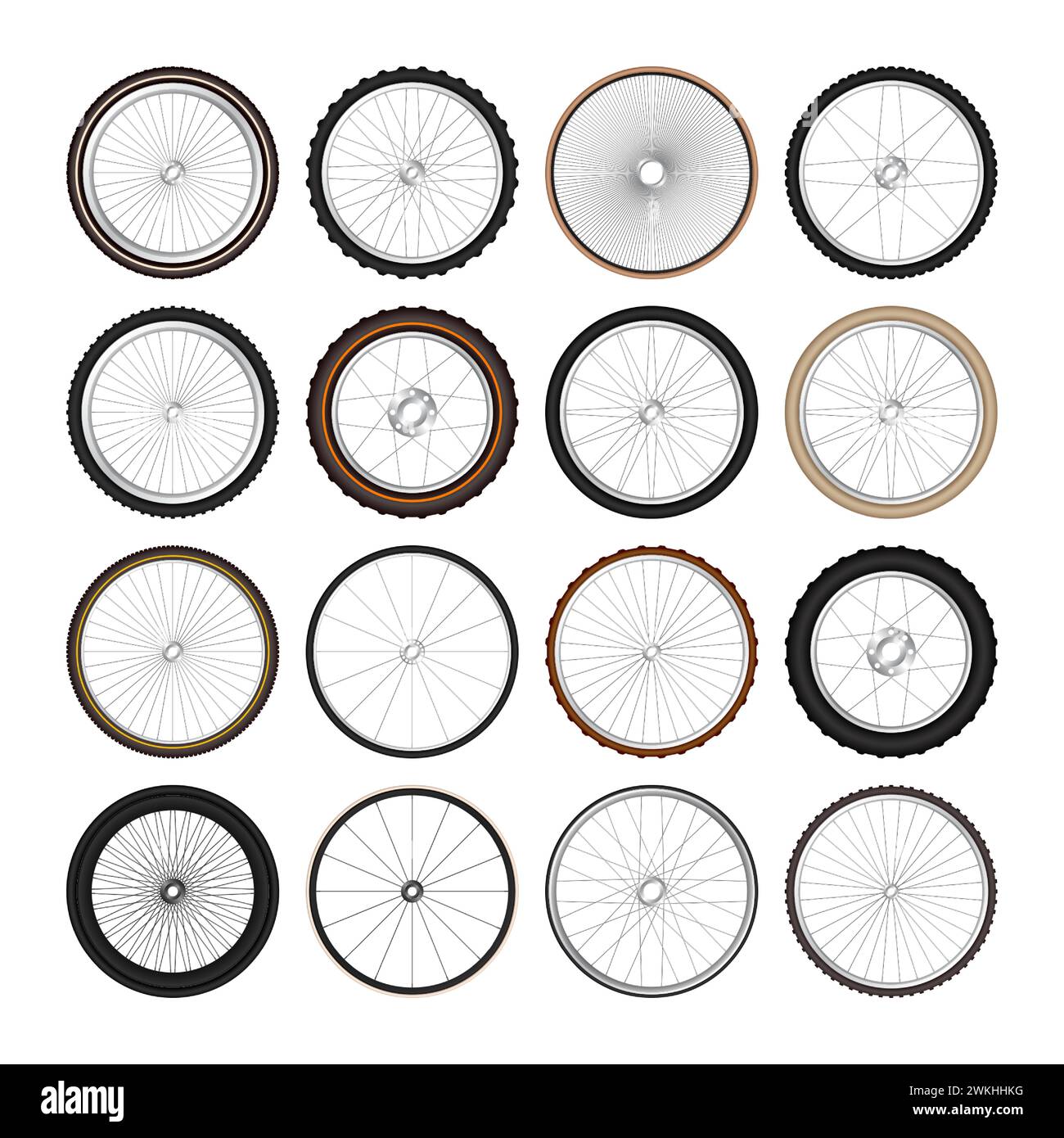 Realistic 3d retro bicycle wheels. Vintage bike rubber tyres, shiny ...