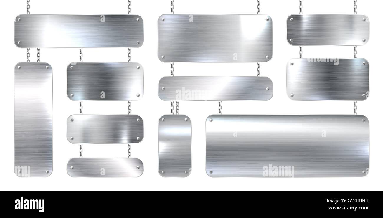 Metal banners hanging on a chain. Realistic shiny steel plate with ...