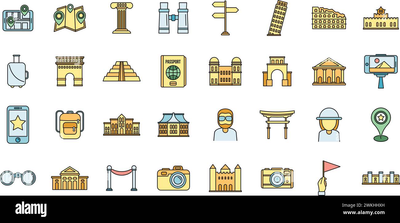Sightseeing tourist icons set. Outline set of sightseeing tourist ...