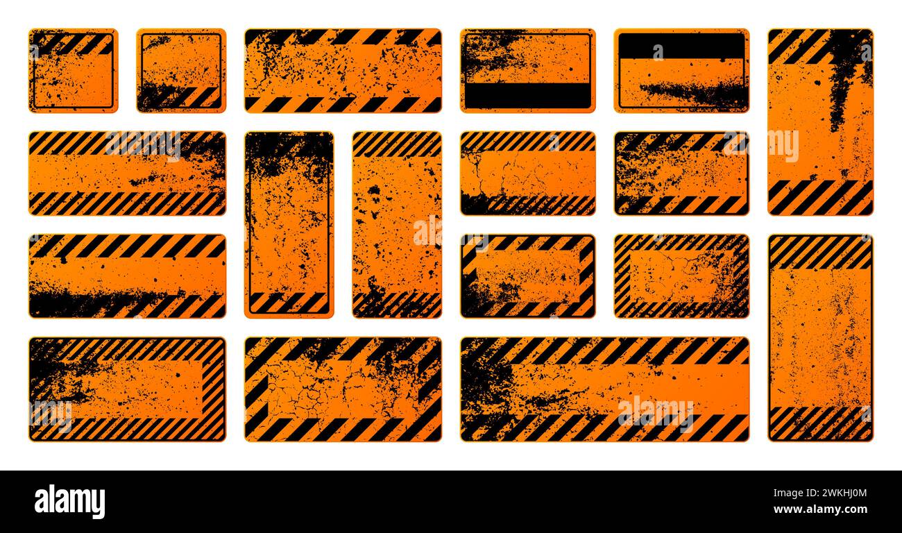 Orange grunge warning signs with diagonal lines. Old attention, danger ...