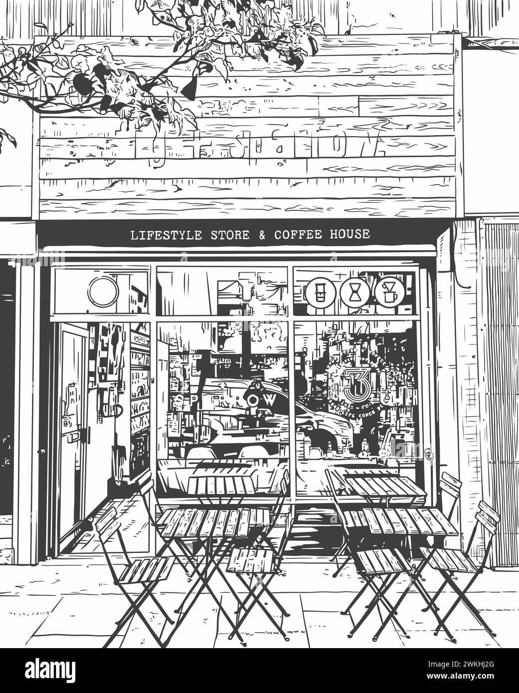 Frontal view on city coffee house. Vector line art illustration Stock ...