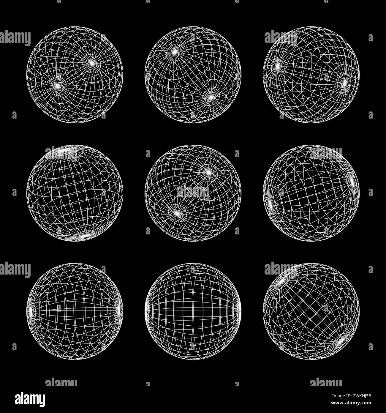Wireframe shapes, lined sphere. Perspective mesh, 3d grid. Low poly ...