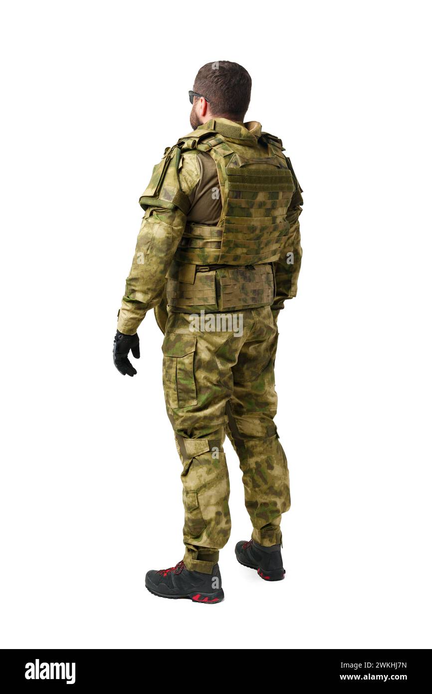 Back view of male soldier in military uniform isolated on white ...
