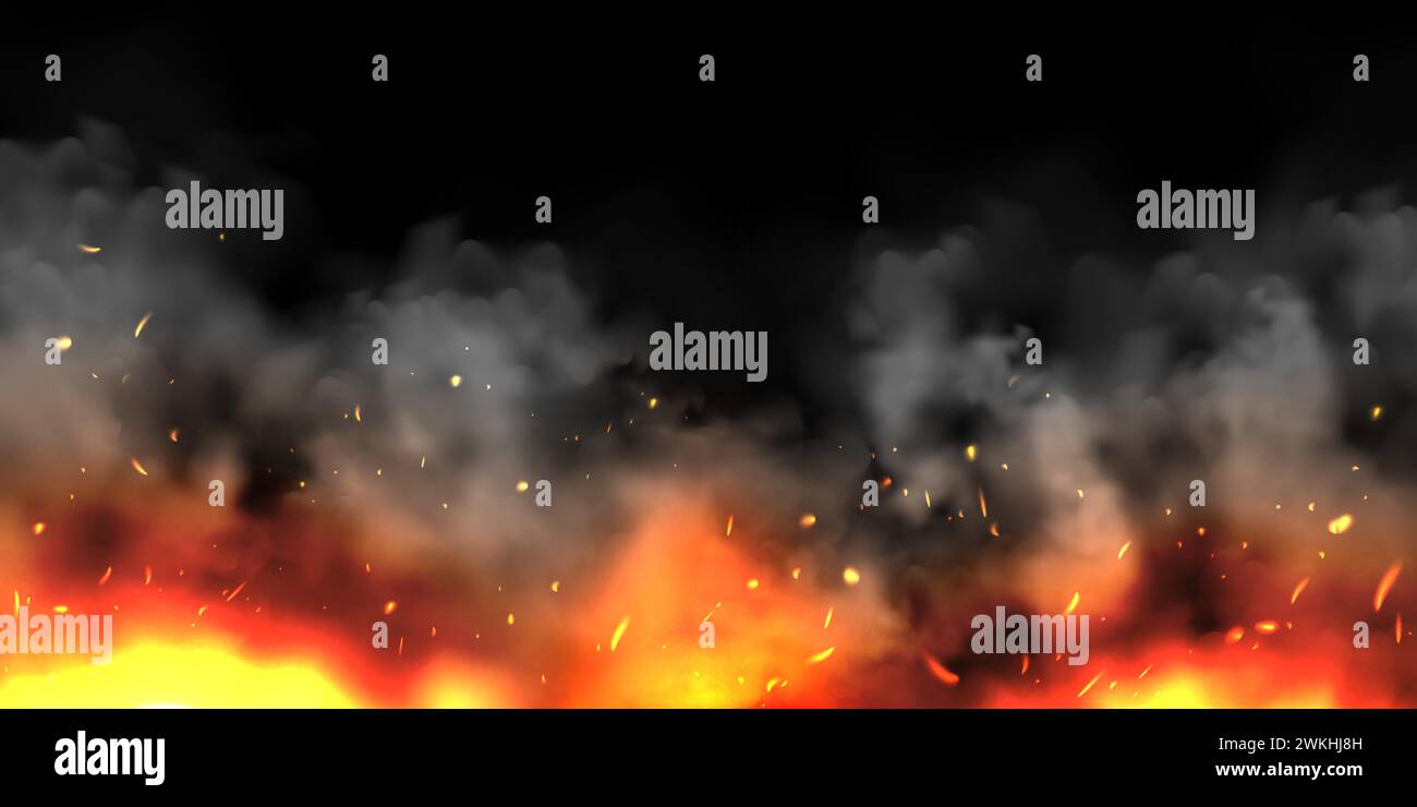Realistic smoke clouds and fire on black background. Flame blast ...