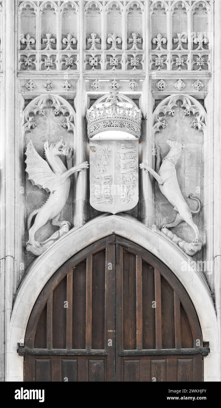 Tudor dragon and greyhound with crown and coat of arms above the west ...