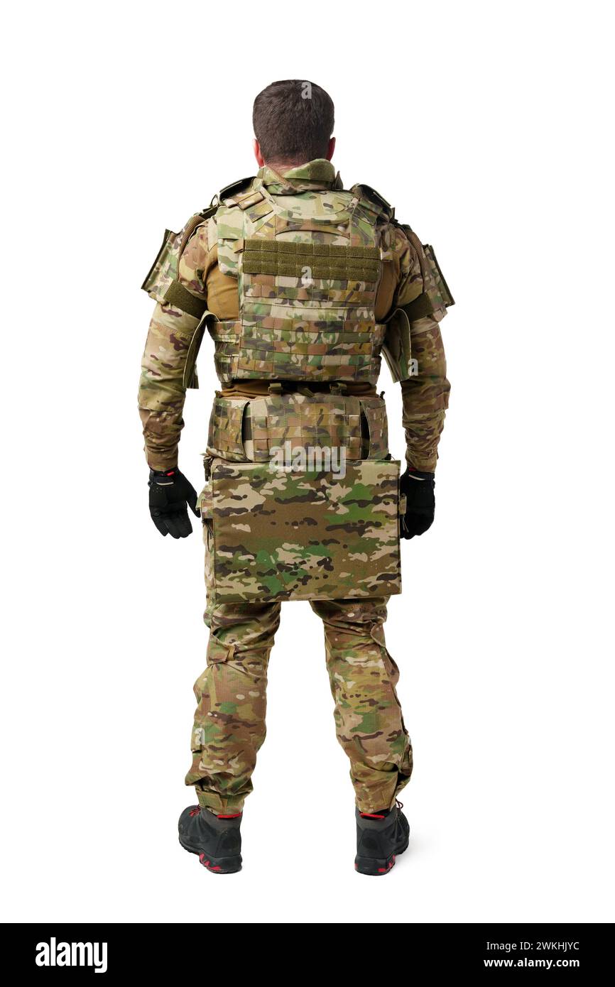 Back view of male soldier in military uniform isolated on white ...