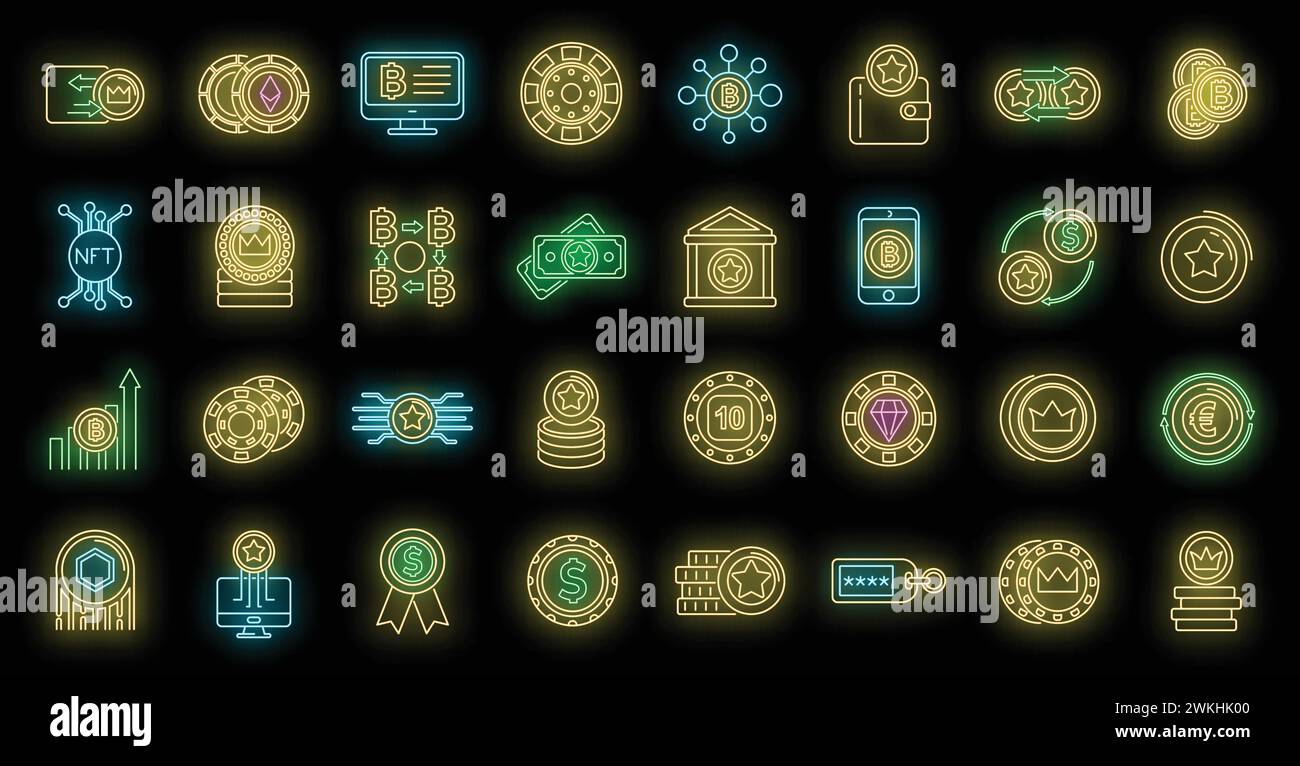 Tokens coins icons set. Outline set of tokens coins vector icons neon ...