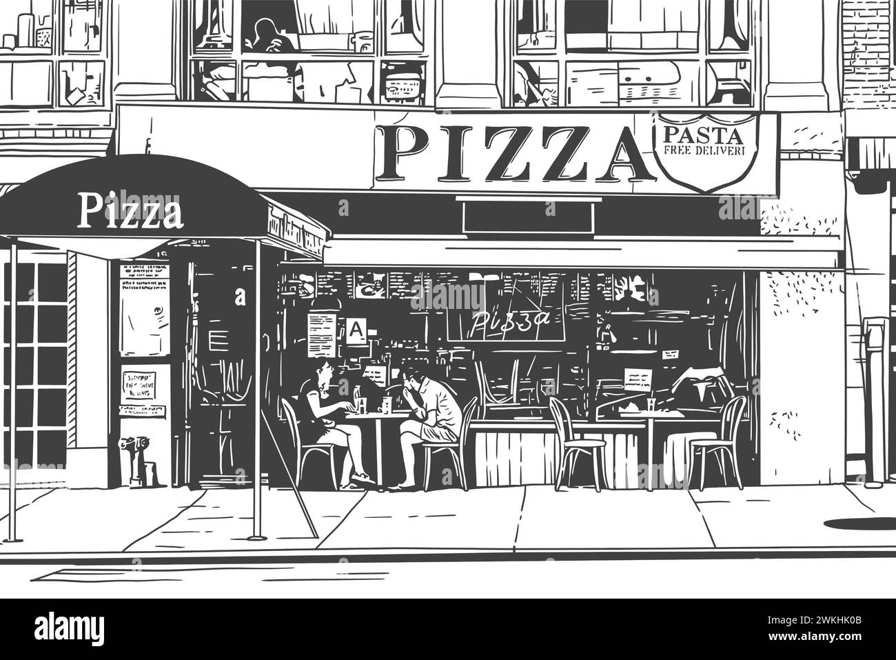 Pizza shop front view. Vector line art illustration Stock Vector Image ...
