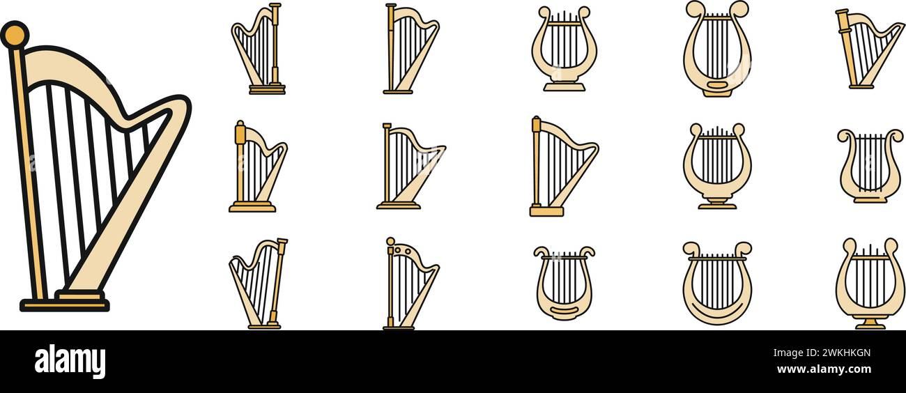 Harp instrument icons set. Outline set of harp instrument vector icons ...
