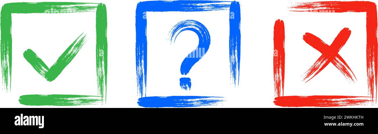 Dirty grunge cross x, tick OK and question check marks in check boxes ...