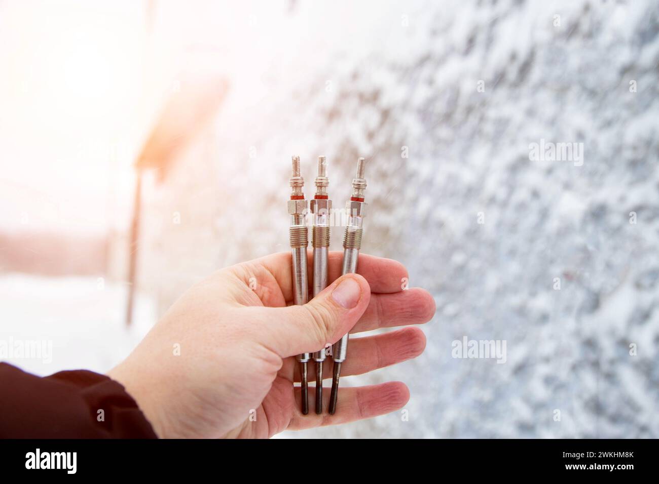 Ceramic glow plugs for a diesel engine in a hand against a background ...
