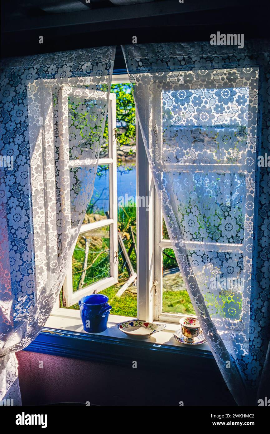 Open window in an old cottage with lake view in summer Stock Photo - Alamy