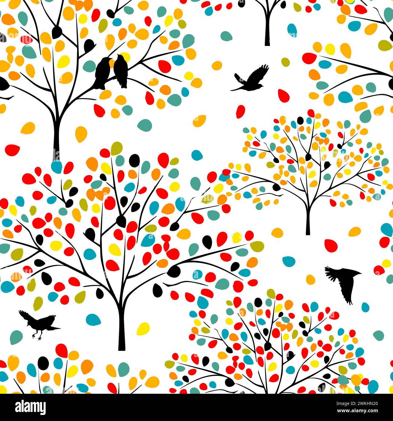 Seamless pattern of trees with colored leaves and flying birds. Hand ...