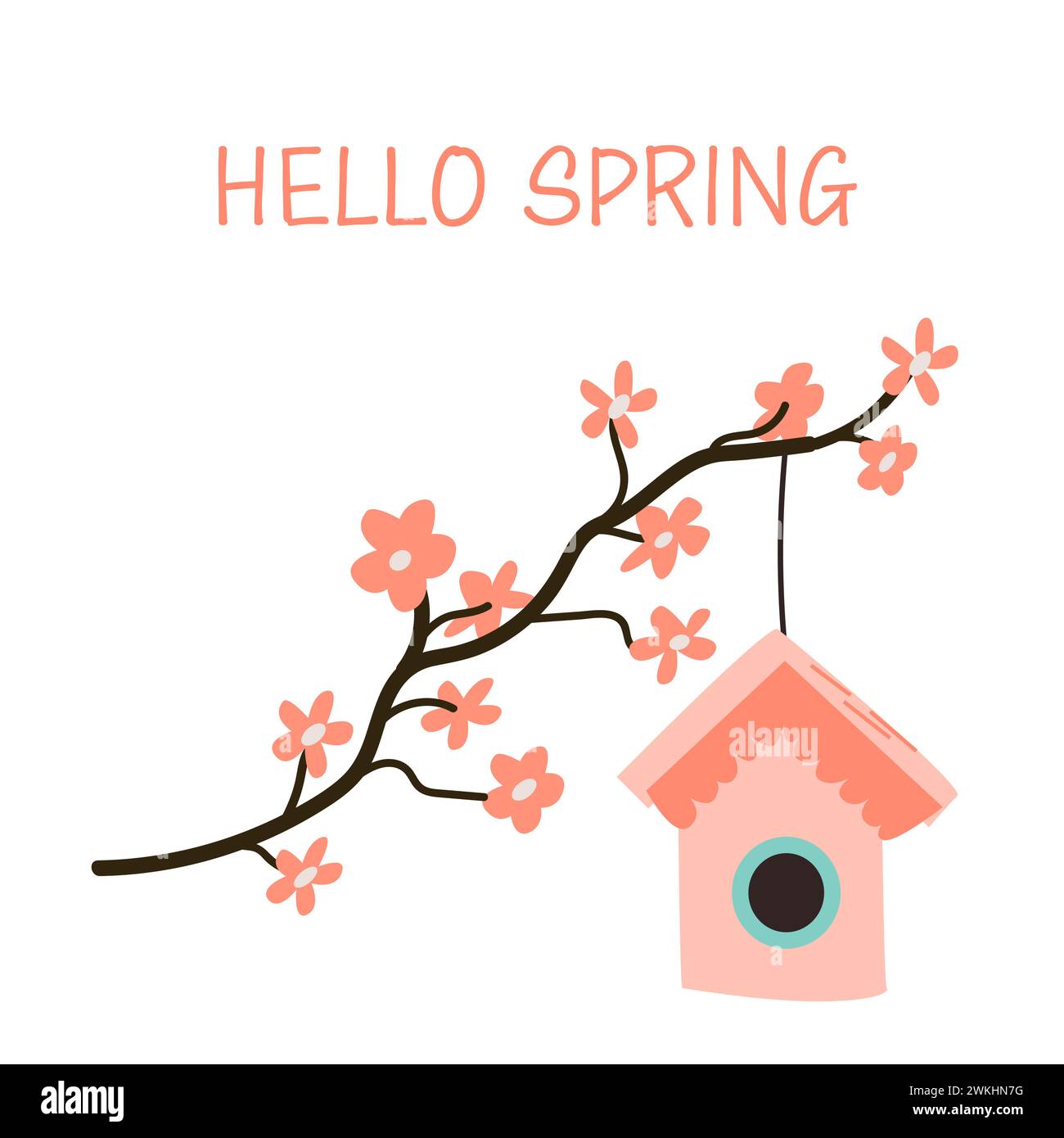 Hello spring background with cherry blossom sakura and birdhouse ...