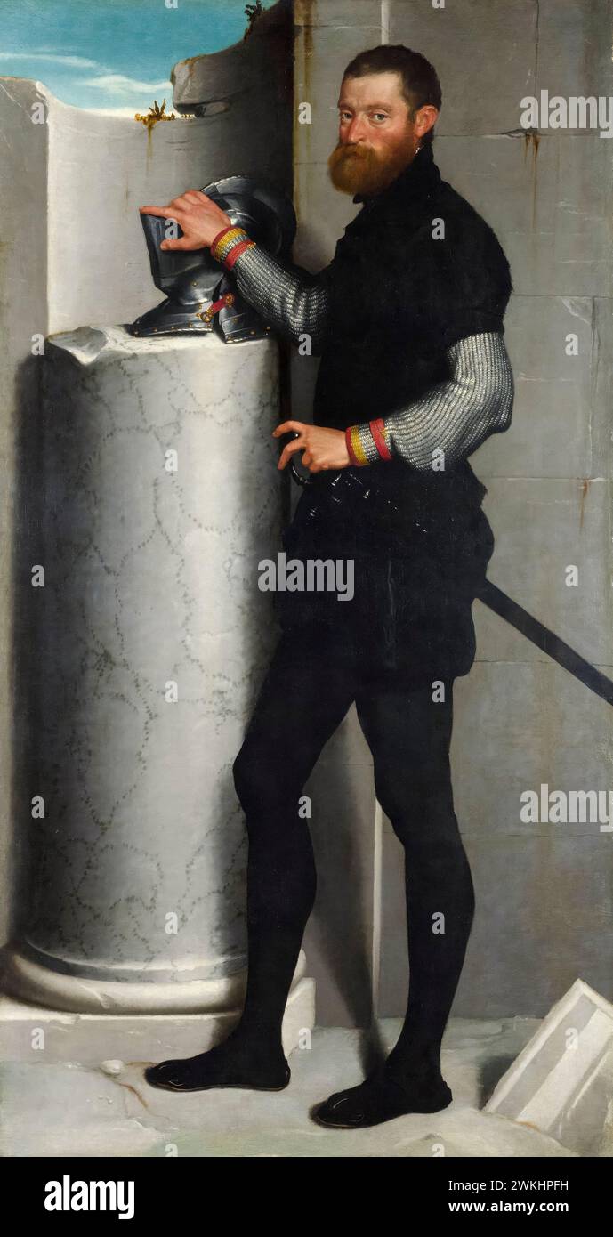 Giovanni Battista Moroni, Portrait of a Gentleman with his Helmet on a ...