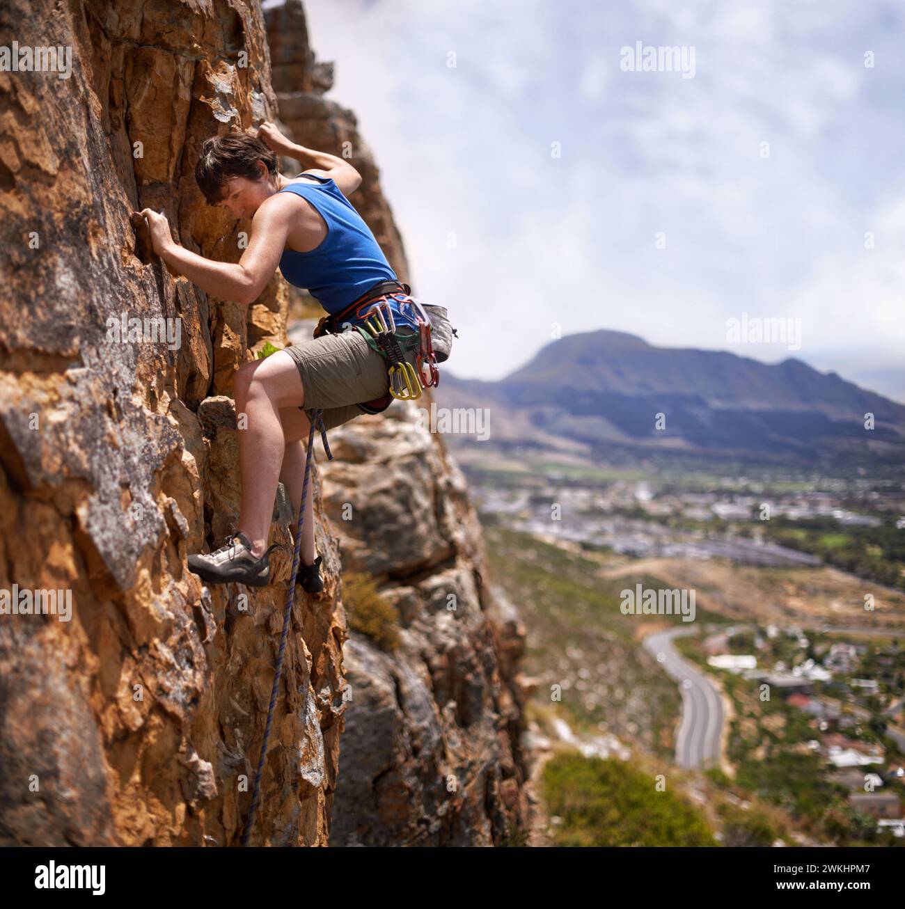 Rock climbing, woman and fitness with adventure, challenge and gear to ...